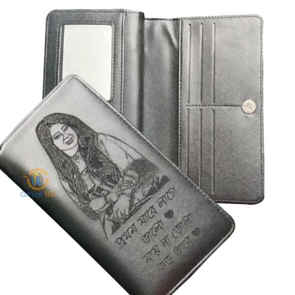 Black color photo engrave long leather wallet with mobile pouch - Photo ...